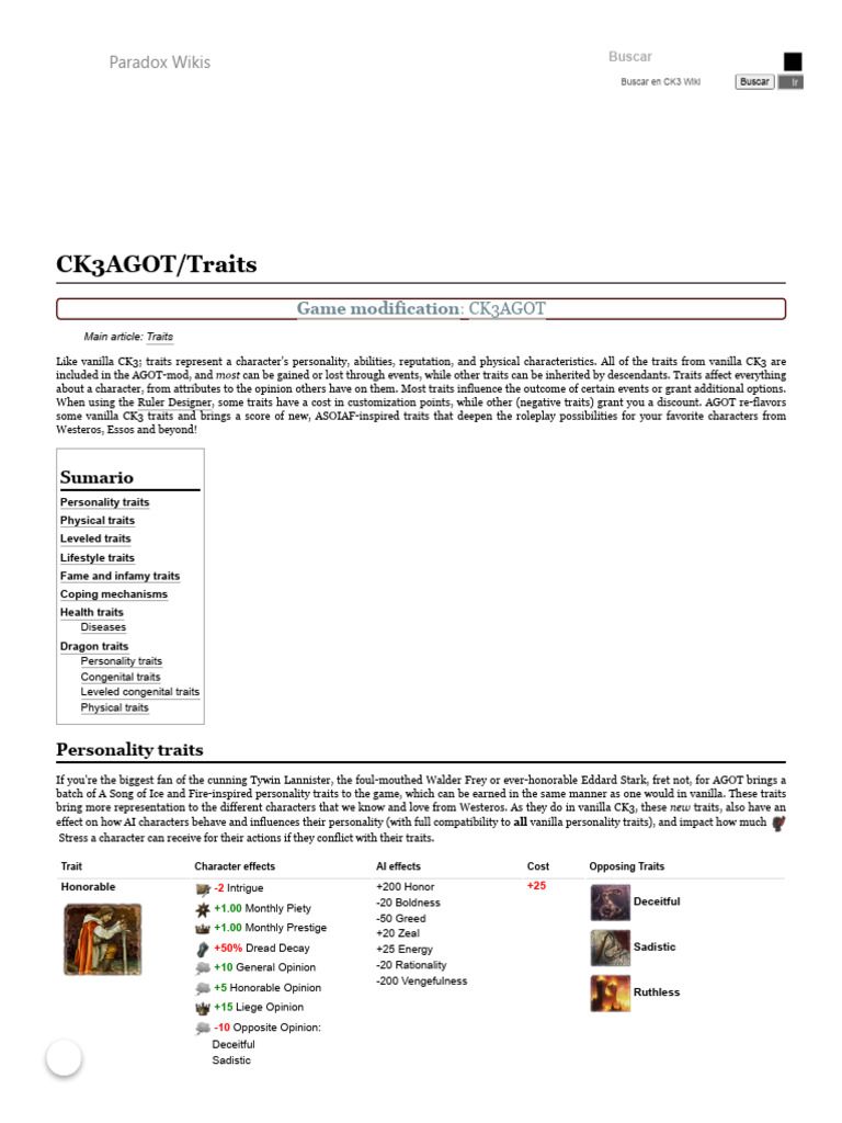 CK3AGOT - Traits - CK3 Wiki | PDF