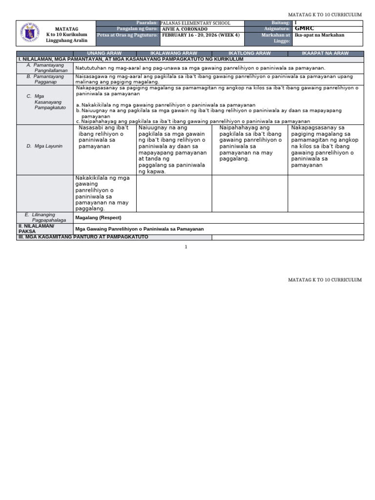 DTC DLL Matatag GMRC 1 q4 w4 | PDF