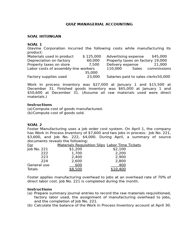 Quiz Managerial Accounting 2c 1 | PDF | Cost Of Goods Sold | Inventory