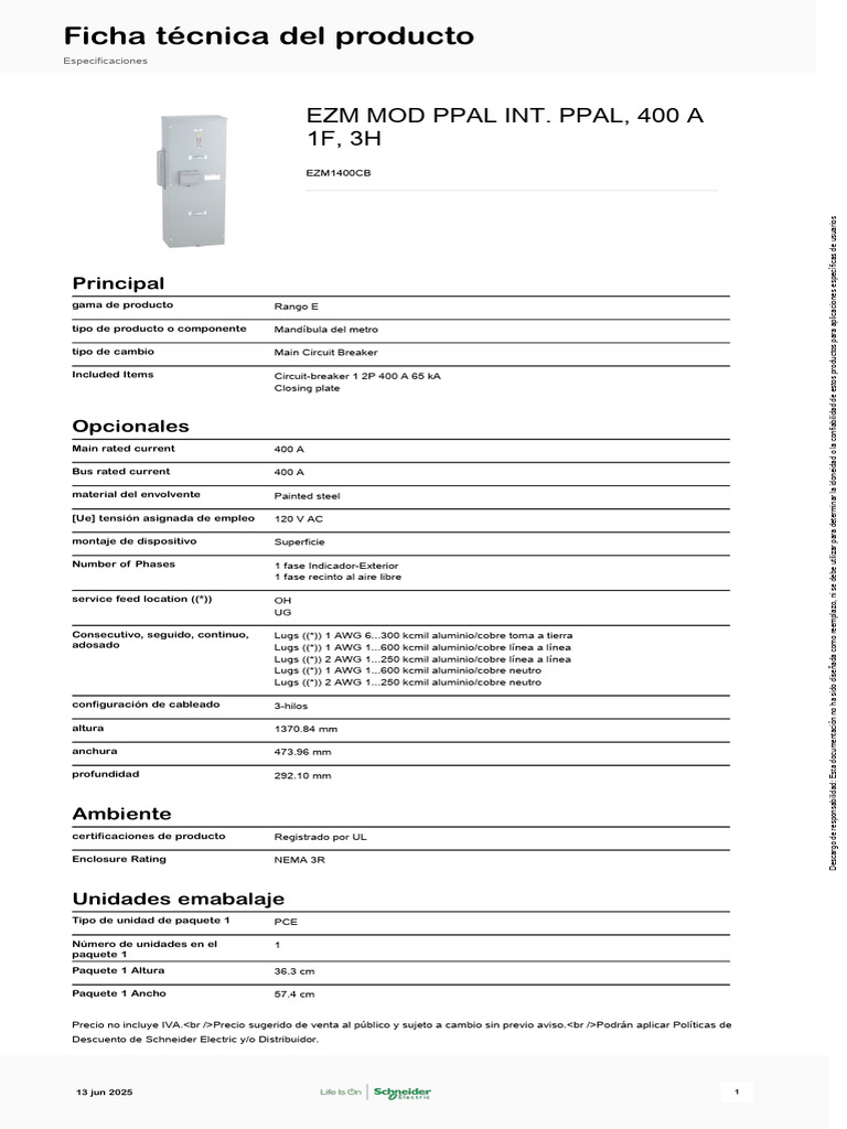 Schneider Electric_EZM-MeterPak_EZM1400CB MAIN 400A | PDF | Desarrollo ...