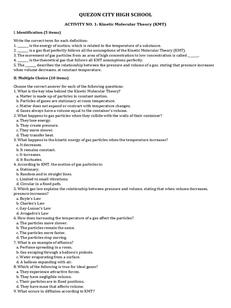 KMT Activity Sheet 1 | PDF | Gases | Temperature