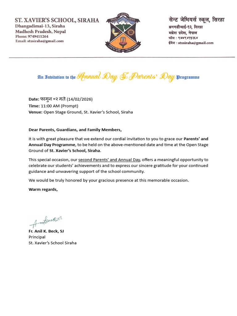 Annual Day Invitation Letter - Parents | PDF
