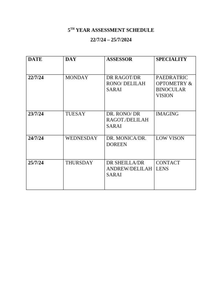 5th Year Assessment Schedule | PDF