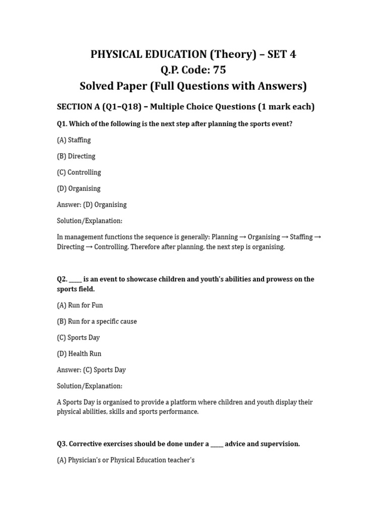 CBSE Class 12 Physical Education Answer Key SET 4 | PDF | Lever