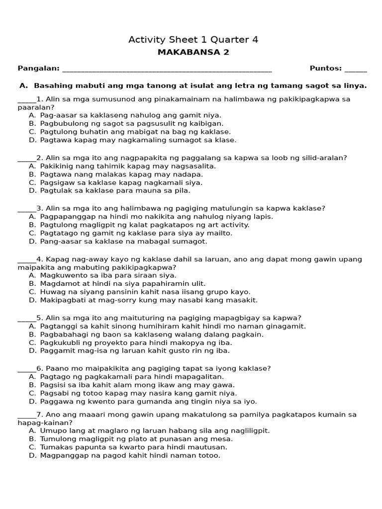 Makabansa Activity Sheet 1 Quarter 4 | PDF