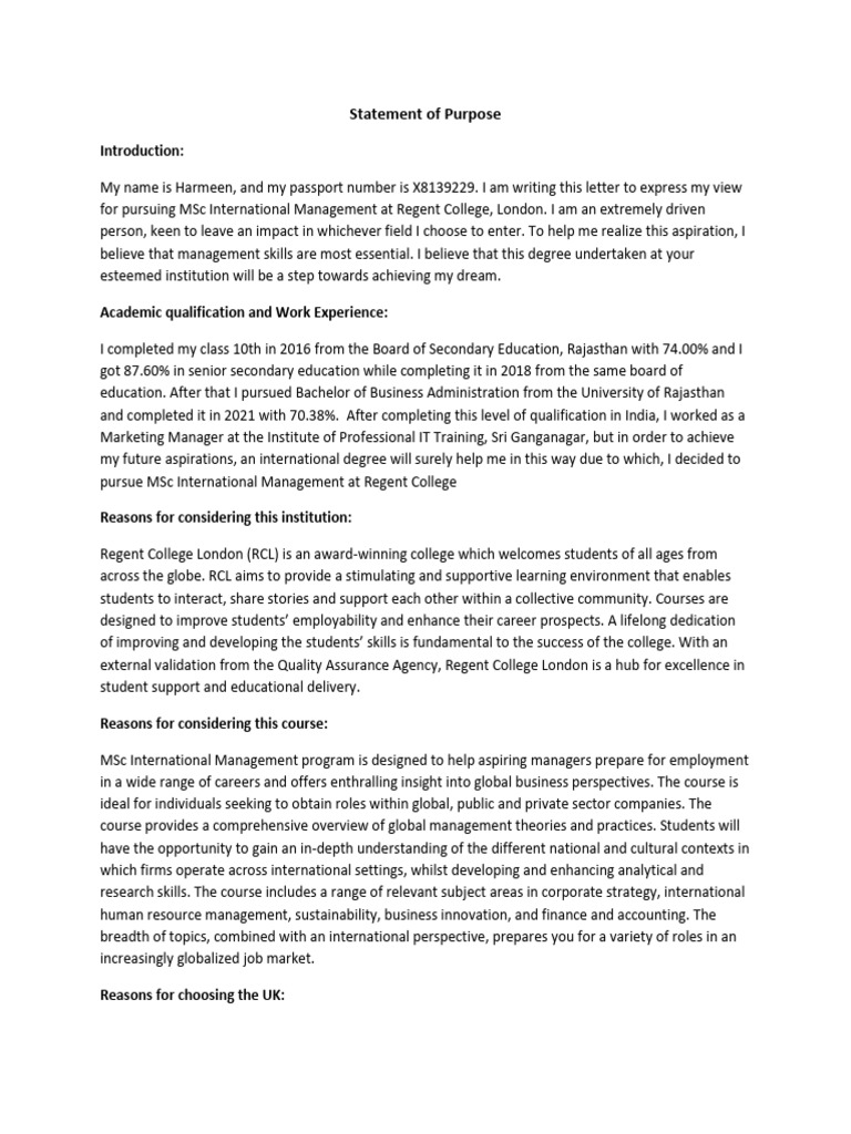 Sop Harmeen Regent College | PDF | Cognition | Intelligence