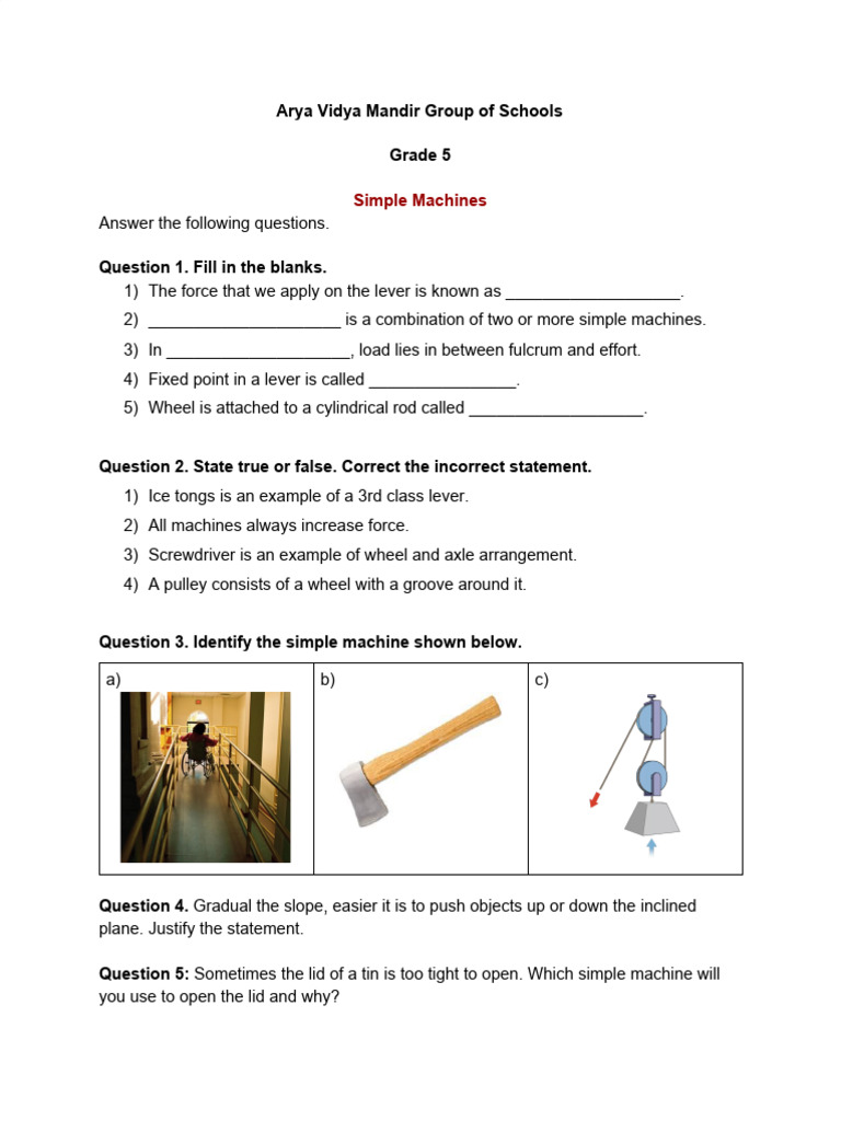 Grade 5 - Simple Machines - Comprehensive Worksheet | PDF