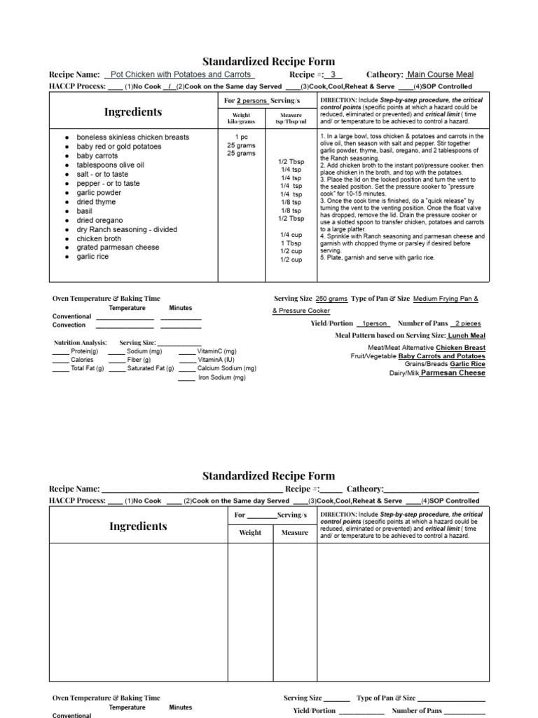 Standardized Recipe Form&Sample | PDF | Baking | Cooking