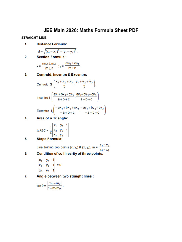 Jee Main 2026 Maths Formula Sheet PDF | PDF