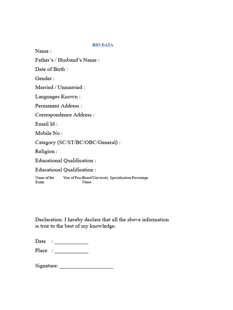 Bio Data Form | PDF