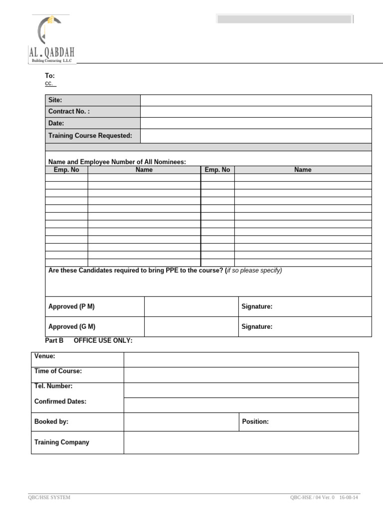 Qbc-Hse-04 Ver. 0 - Training Request Form | PDF