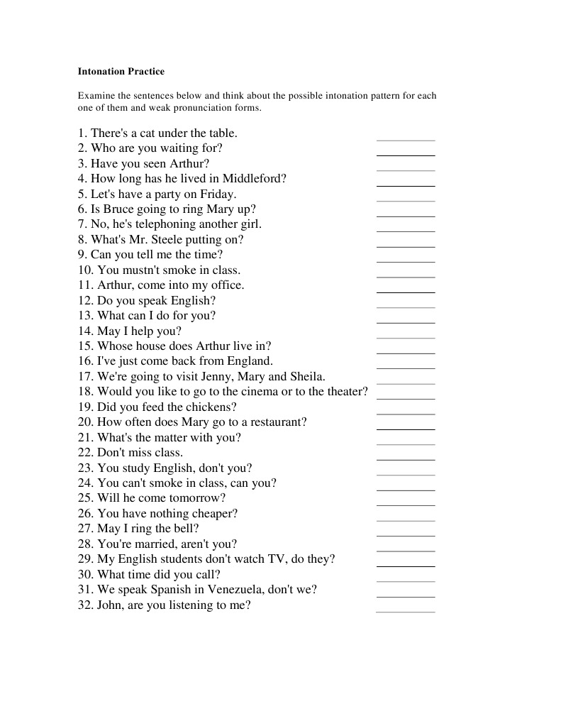 Intonation Practice Sentences Worksheet | PDF