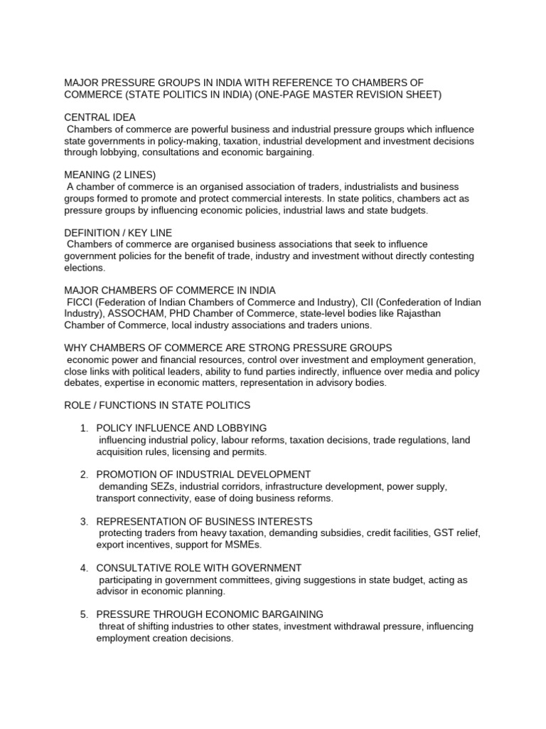 Major Pressure Groups in India With Reference To Chambers of Commerce ...
