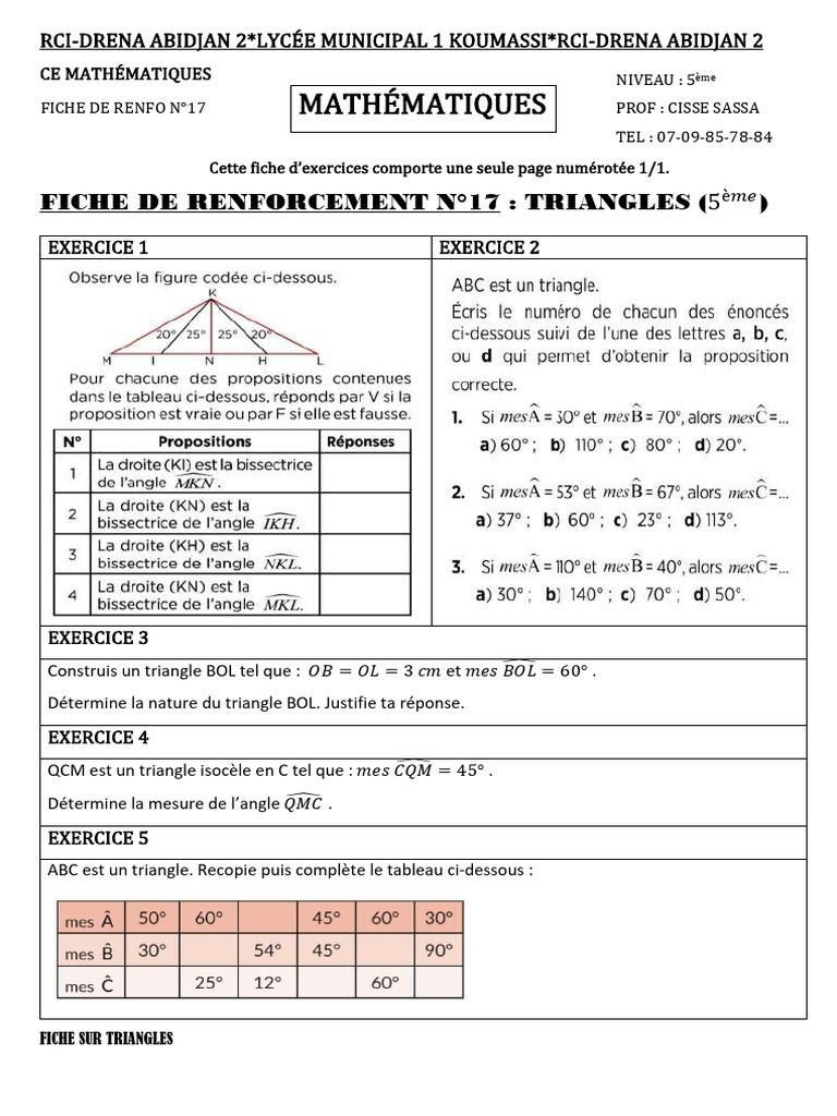 Fiche de Renforcement N°17 Sur Triangles (5eme) | PDF