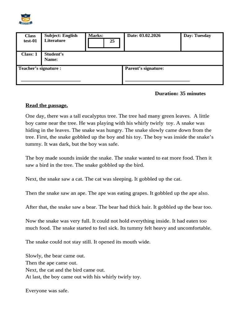 English Literature Grade 1 CT-01 - Final - Term ABIS | PDF