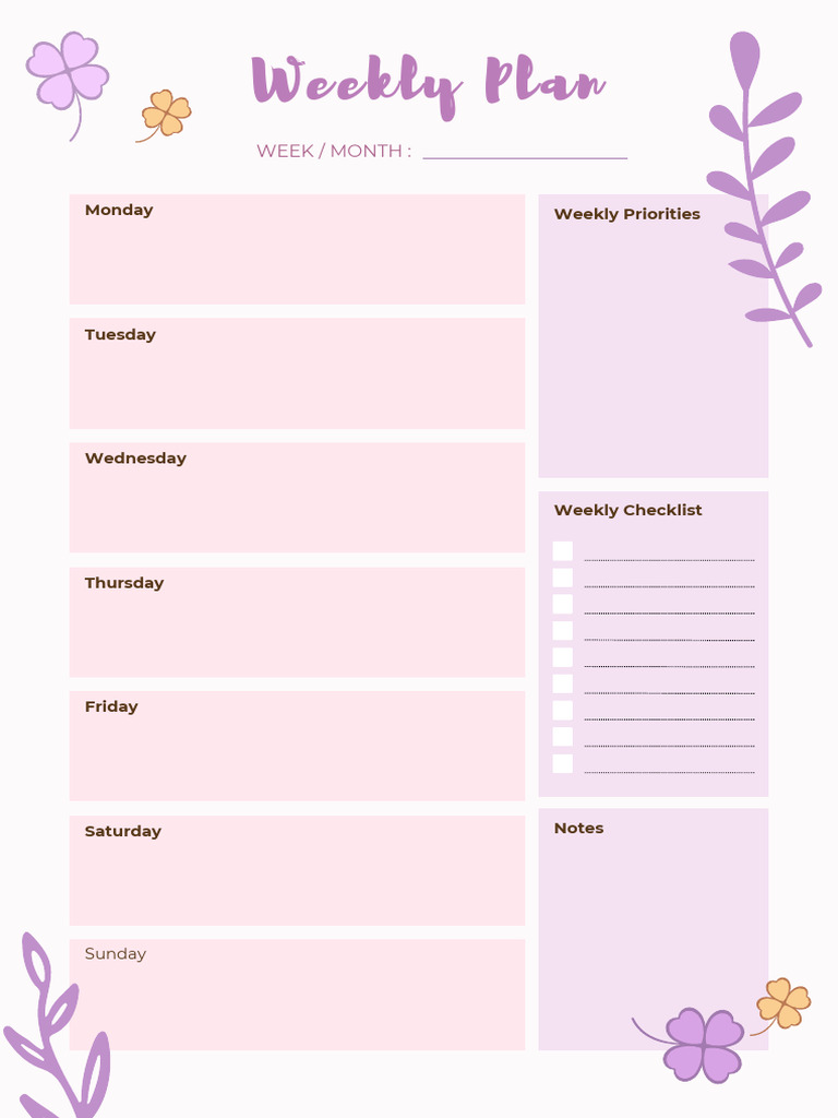 Purple and White Floral Weekly Planner | PDF
