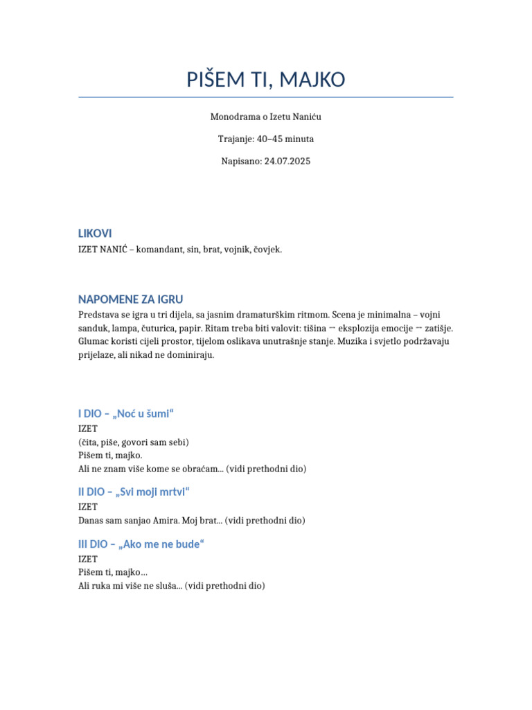PIŠEM TI MAJKO - Monodrama Izet Nanić | PDF