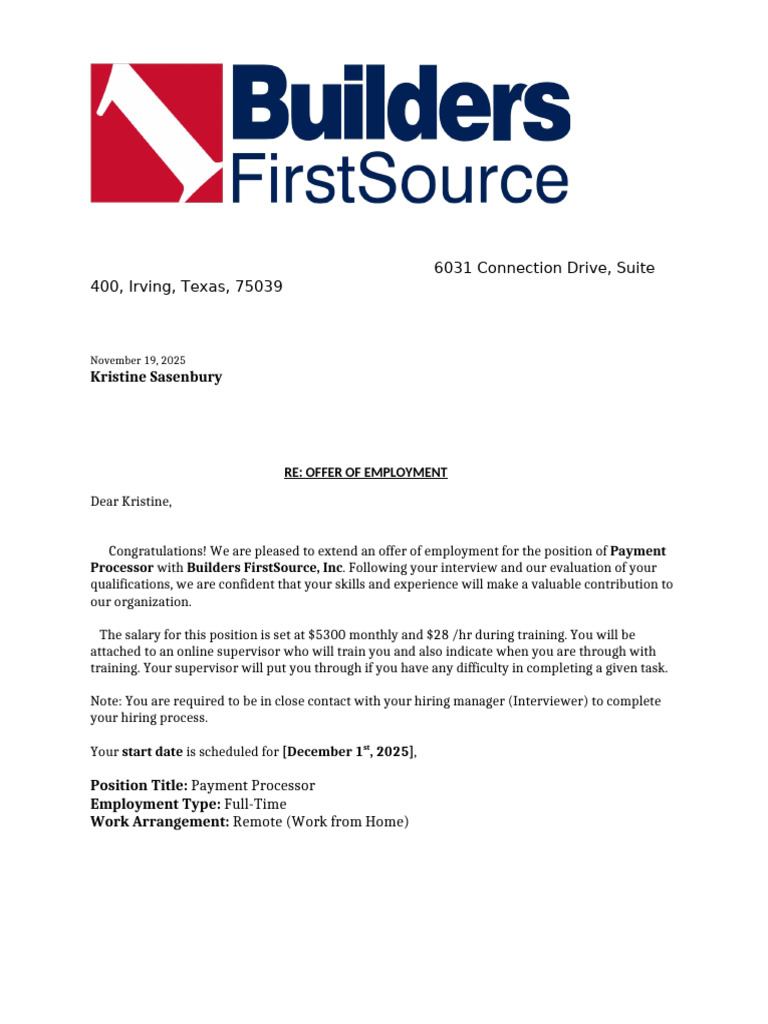Builders FirstSource Letter of Employment | PDF
