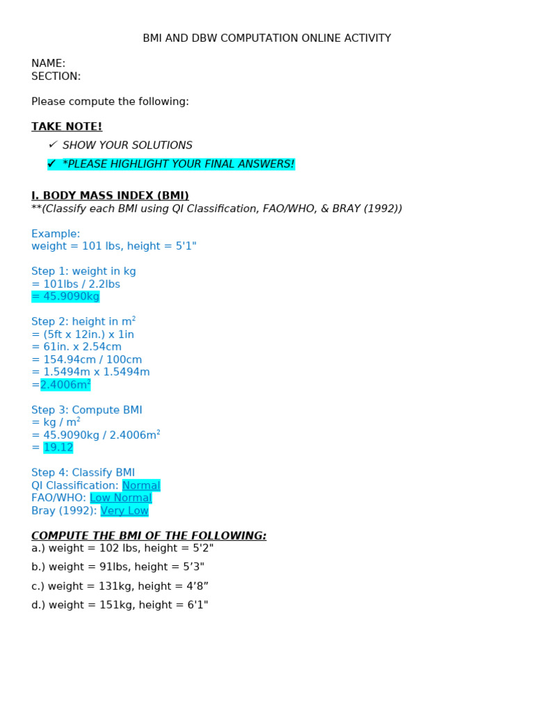 BMI and DBW Computation | PDF