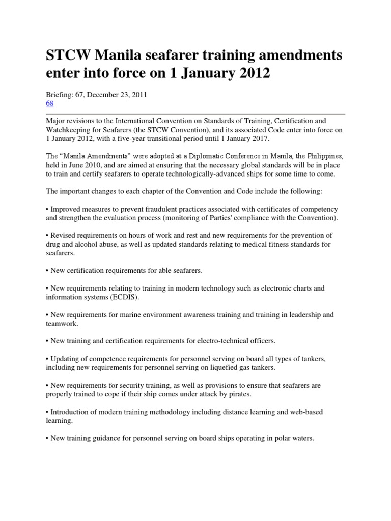 STCW Manila Amendments | PDF | Professional Certification | Business