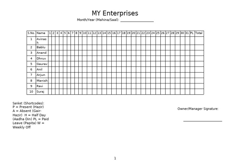 MY Enterprises Monthly Attendance | PDF