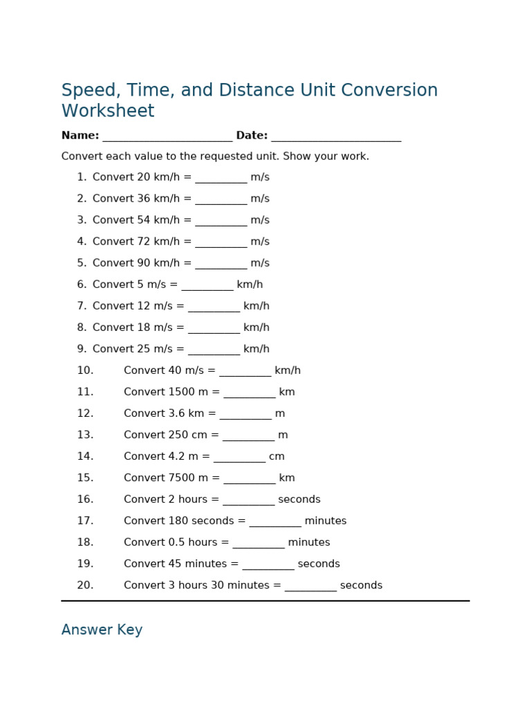 Speed Time Distance Conversion Worksheet | PDF