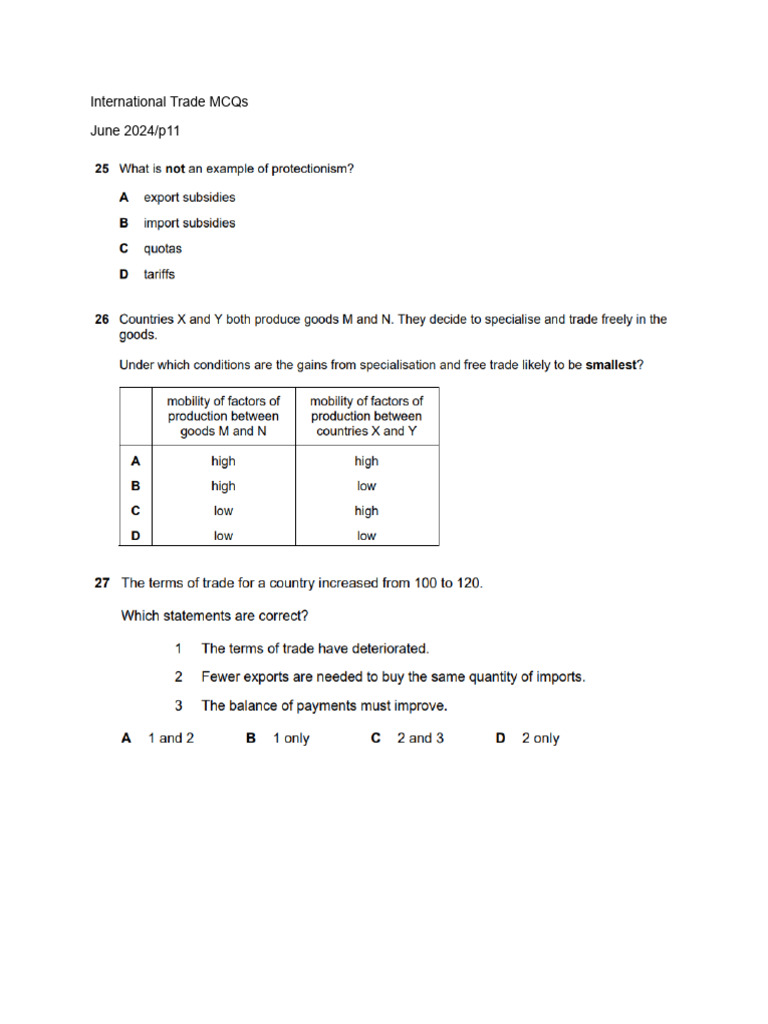International Trade MCQs | PDF