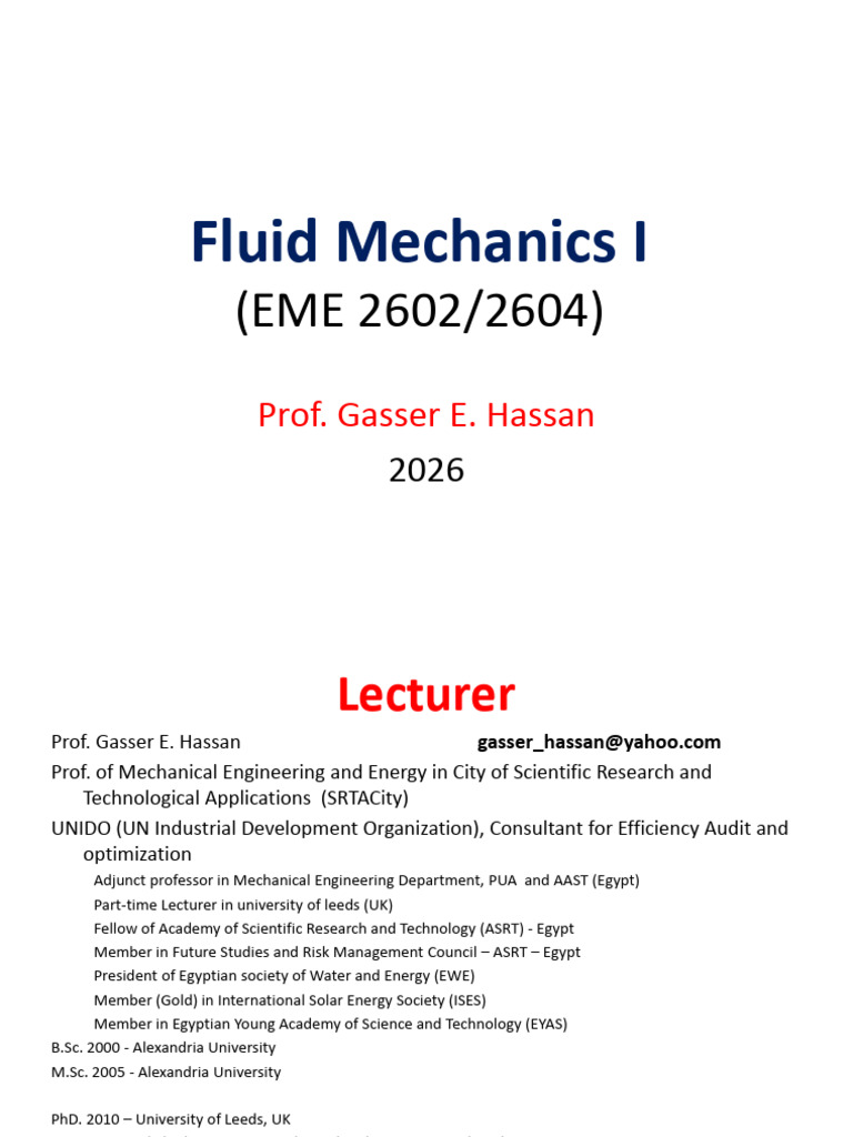 Fluid Mechanics I (EME 2602-2604) - Lec1 | PDF | Fluid Dynamics ...