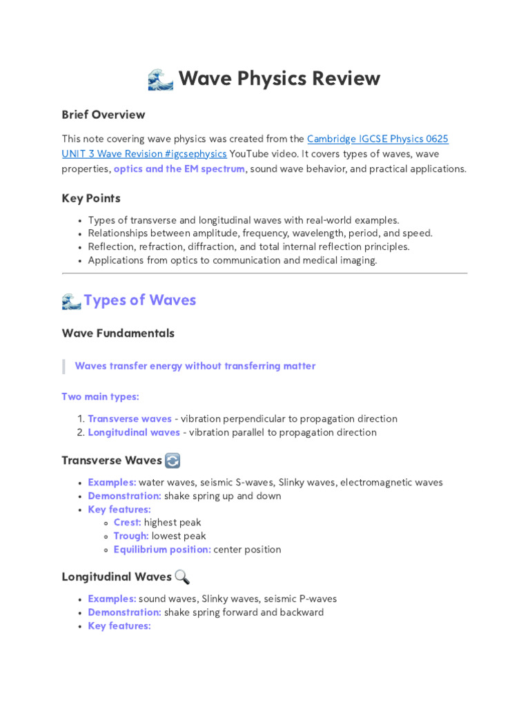 Cambridge IGCSE Physics 0625 UNIT 3 Wave Revision #Igcsephysics | PDF ...