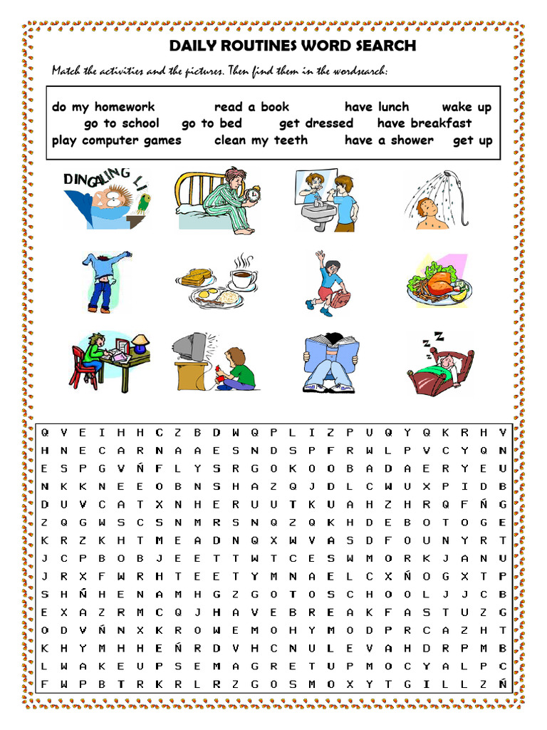 Daily Routines Word Search: Match The Activities and The Pictures. Then ...