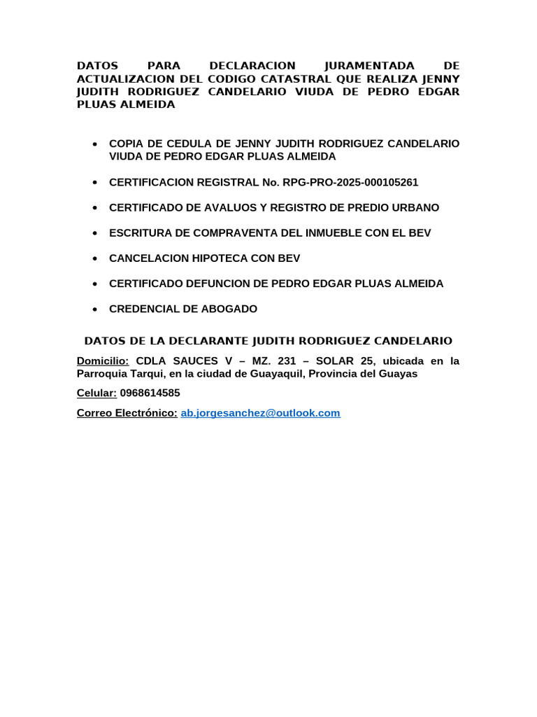 Datos Para Declaracion Juramentada de Actualizacion Del Codigo ...