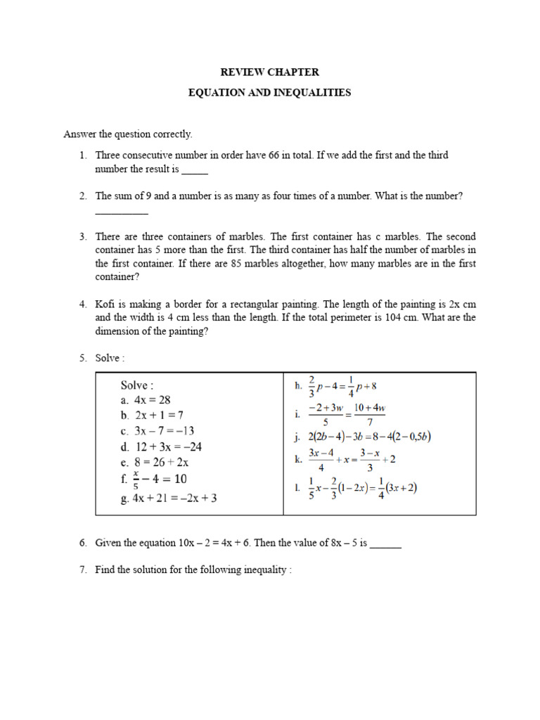 Review Chapter Equation and Inequalities | PDF
