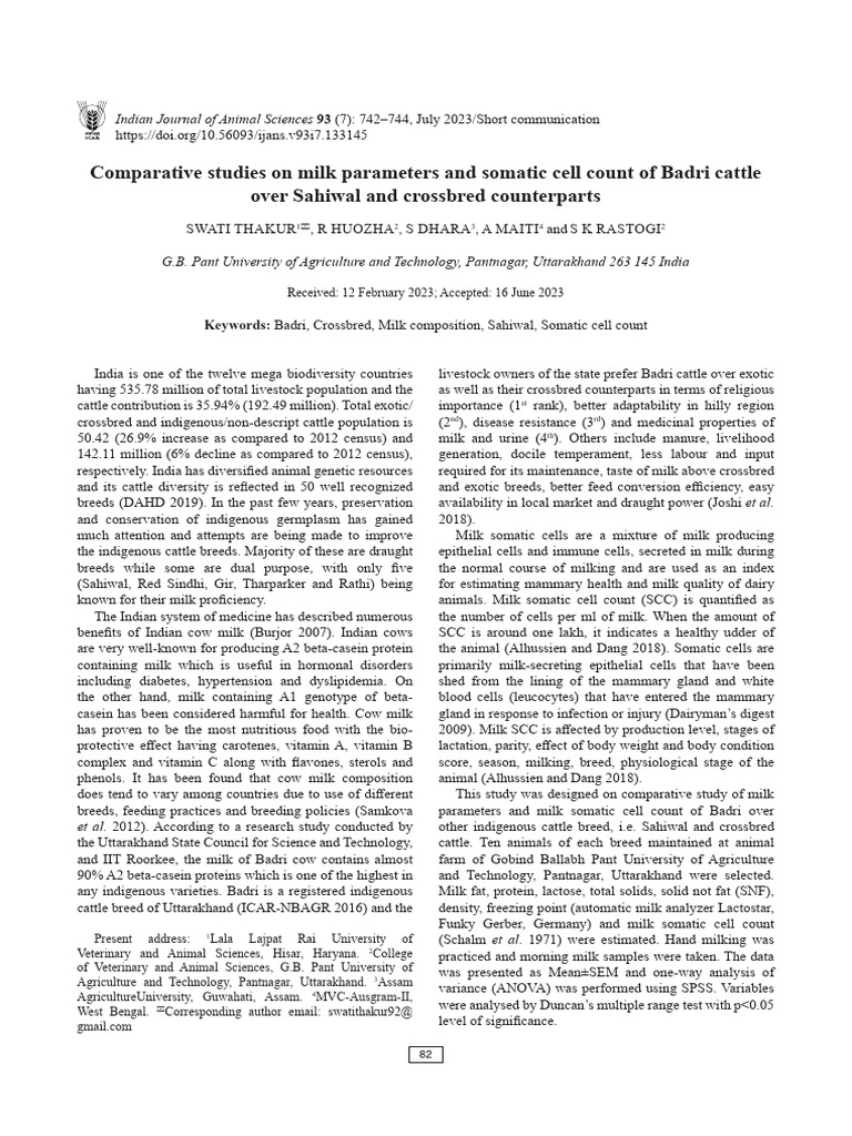 Comparative Studies On Milk Parameters and Somatic Cell Count of Badri ...