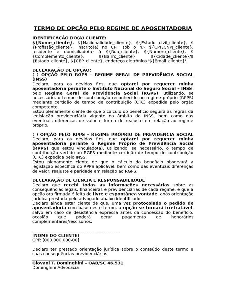 Termo de Opção Pelo Regime de Aposentadoria | PDF | Politica Social ...