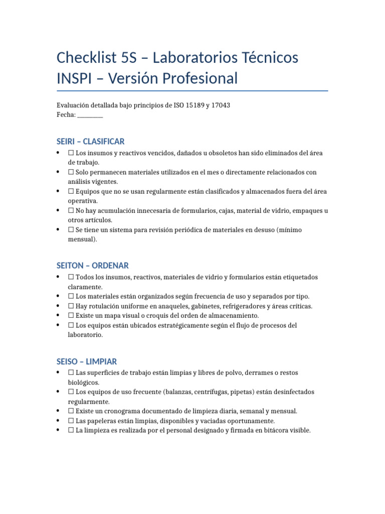 Checklist 5S Laboratorios PRO INSPI GJB | PDF