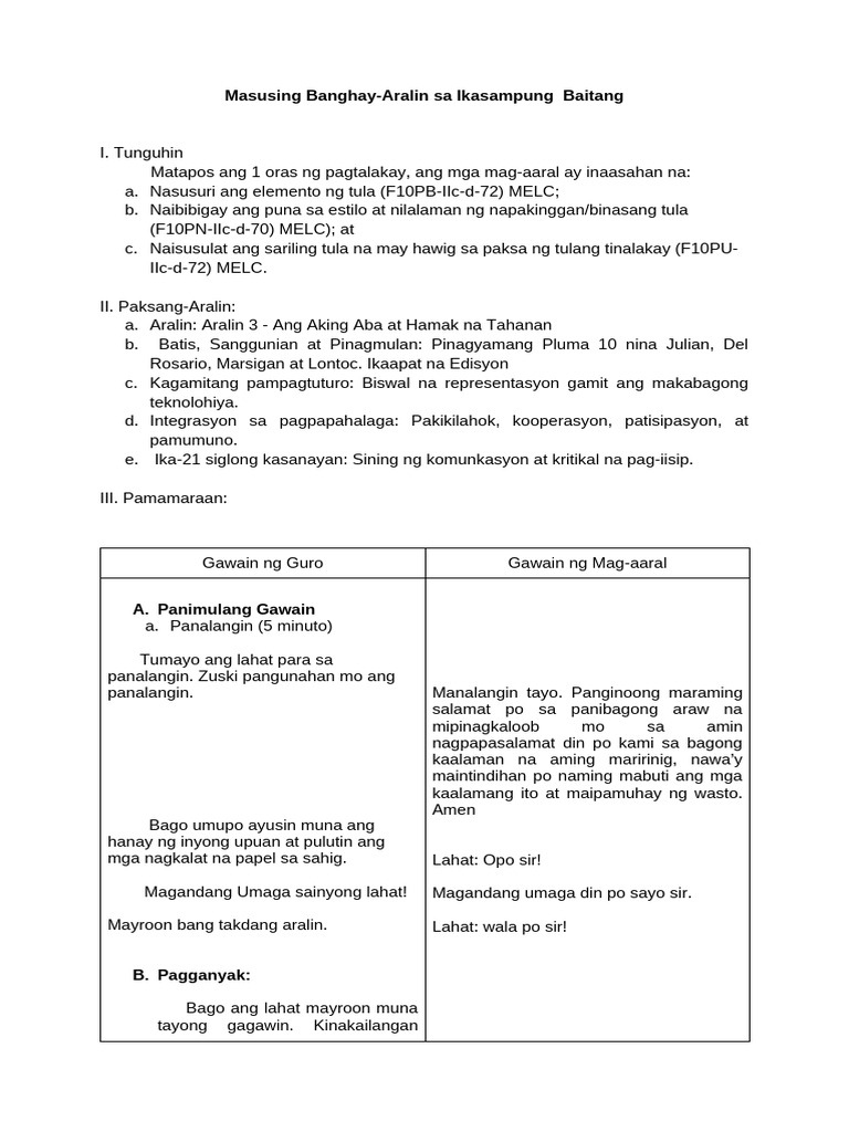 Masusing Banghay Aralin Sa Ikasampung Baitang 1 | PDF