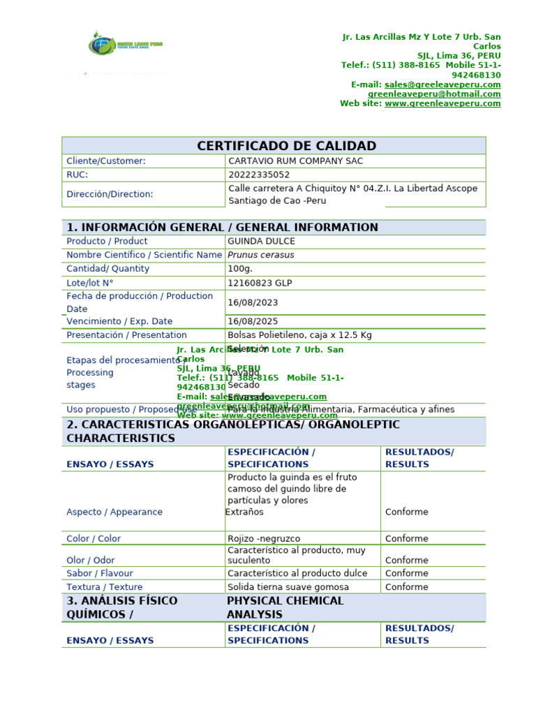 Certificado de Calidad GUINDA DUCLE | PDF | Fruta