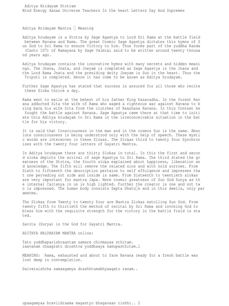 Aditya Hridayam Meaning | PDF | Rama | Ramayana