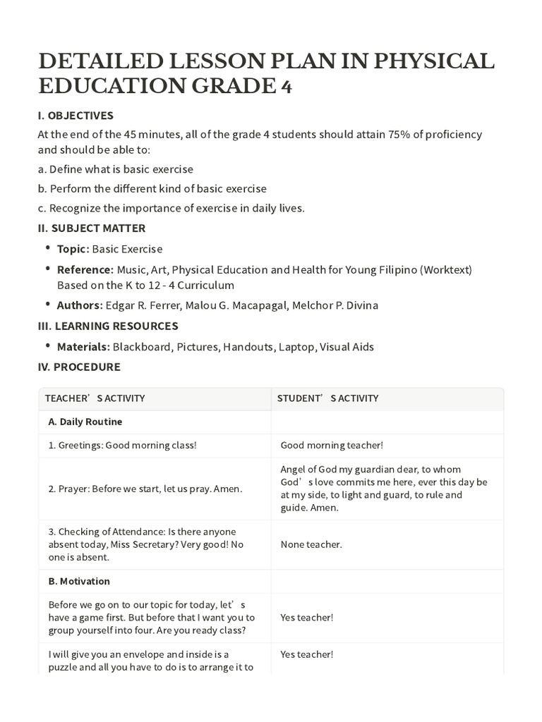 Detailed Lesson Plan in Physical Education Grade 4 | PDF | Physical ...