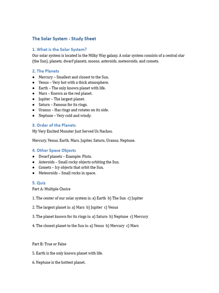 Solar System Study Sheet | PDF