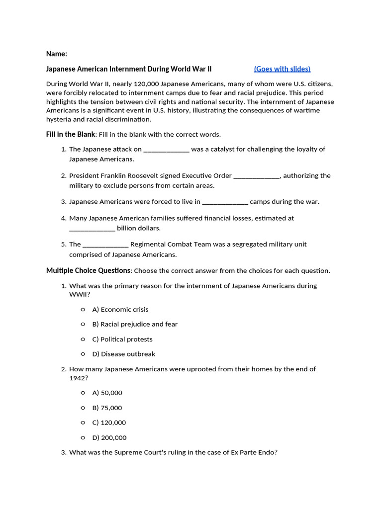 Fletcher Black - Japanese American Internment Worksheet | PDF ...