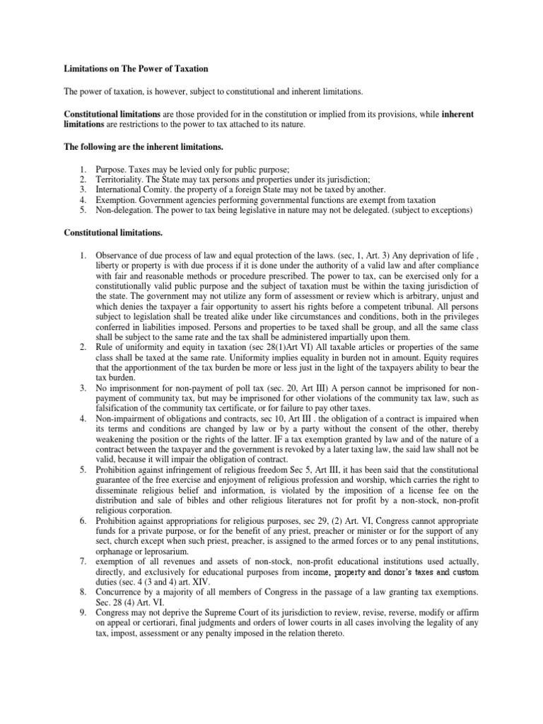 Taxation Power Limitations Explained | PDF | Due Process Clause | Taxes