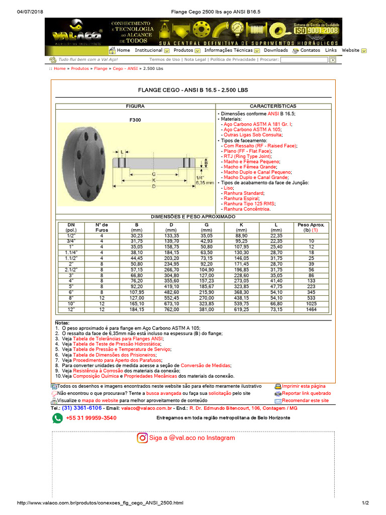 Flange Cego 2500 Lbs Aço ANSI B16.5 | PDF | Engenharia Mecânica | Química