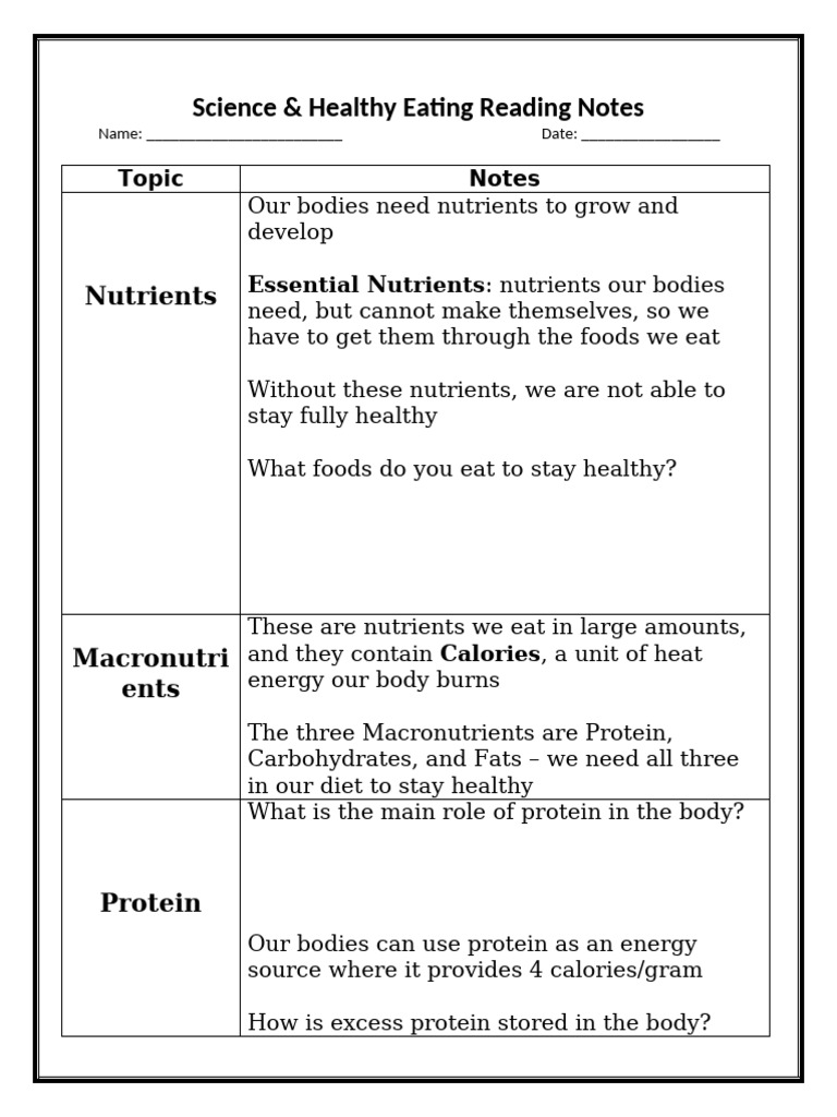 1 - Healthy Eating Cornell Notes | PDF | Nutrients | Carbohydrates