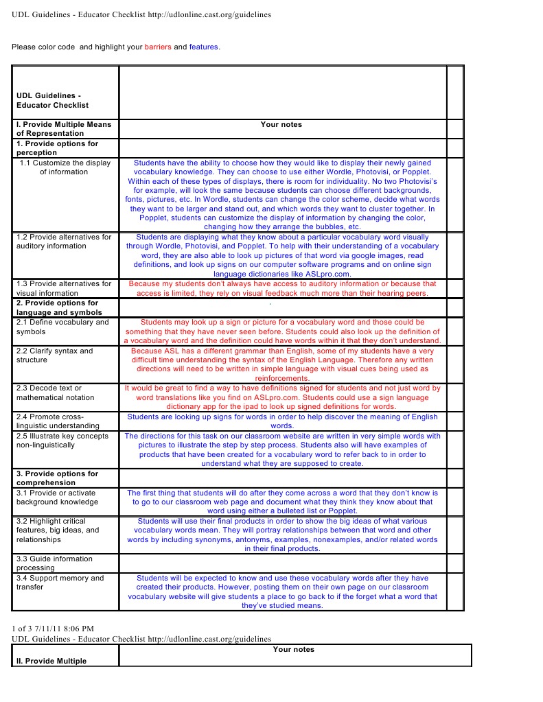 UDL Guidelines - Educator Checklist Jenna Ewend | PDF | Vocabulary ...