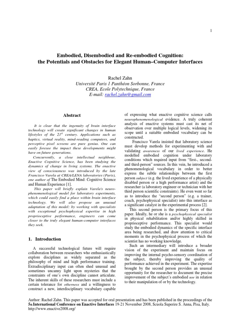 Rachel Zahn - Embodied, Disembodied and Re-Embodied Cognition | PDF | Embodied Cognition | Mind