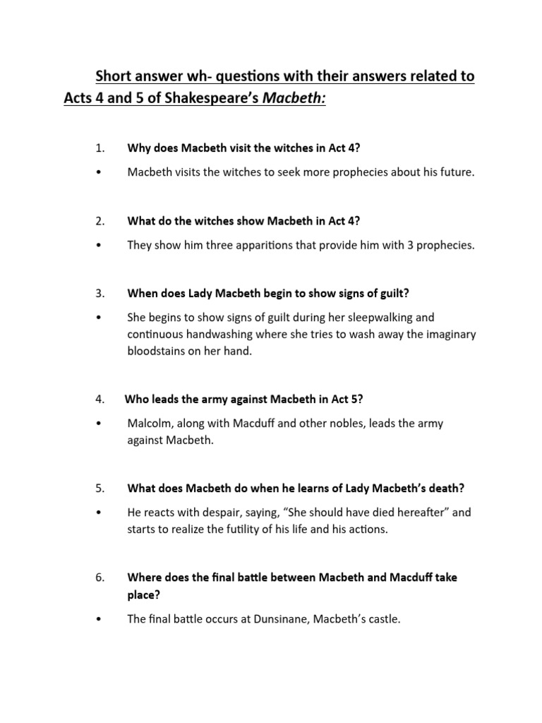 WH - Questions Macbeth Acts 4&5 | PDF | Macbeth | Shakespearean Tragedies