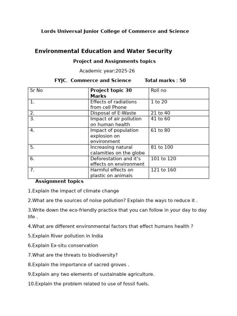 EVS Project and Assignments FYJC | PDF