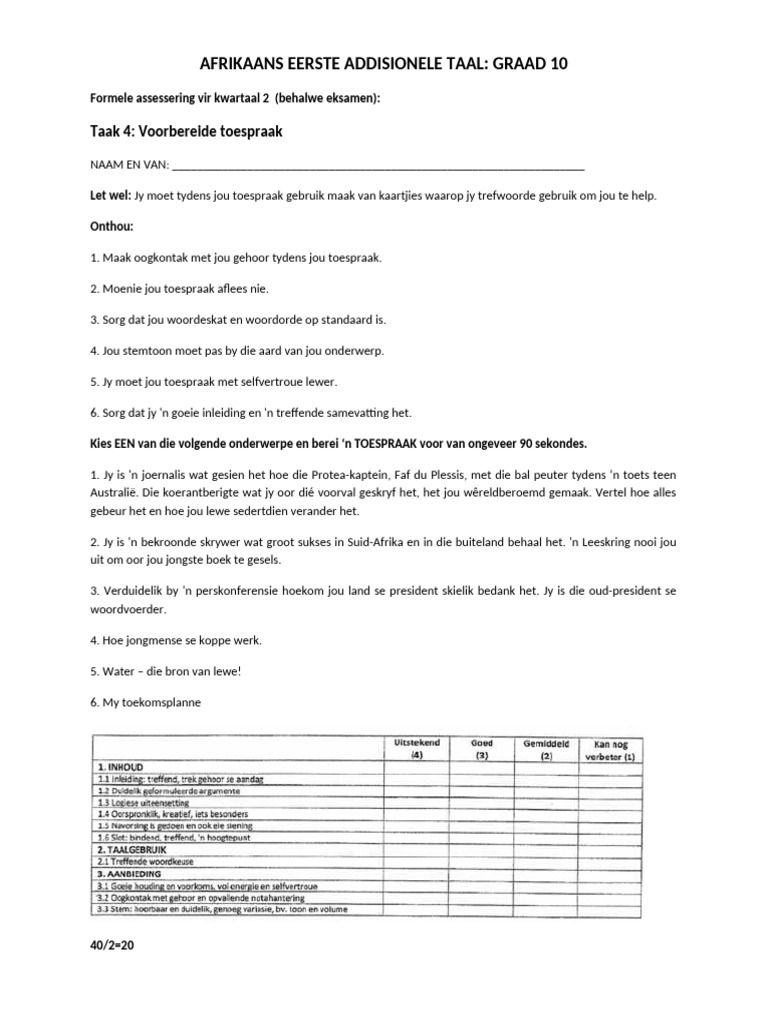 Skoolwerk Graad 10 Eerste Addisionele Taal | PDF