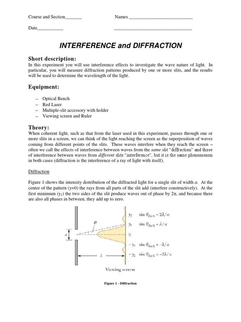 Interference And Diffraction Lab Pdf Diffraction Interference